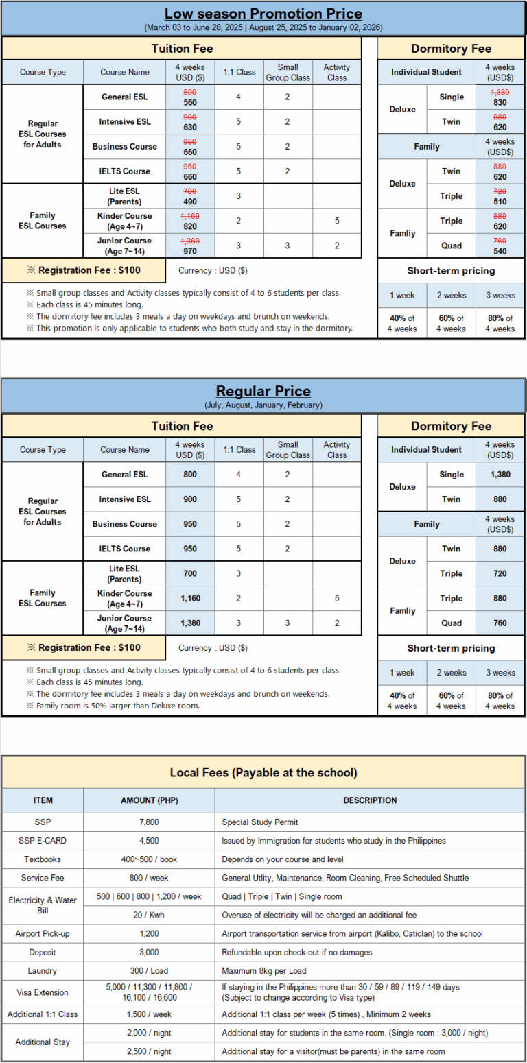 English Course Pricing 2025 | Boracay Coco English Academy
